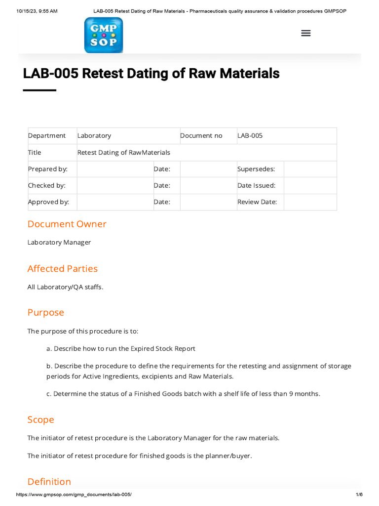 Retest Dating Procedures for Raw Materials | PDF | Quality Assurance ...
