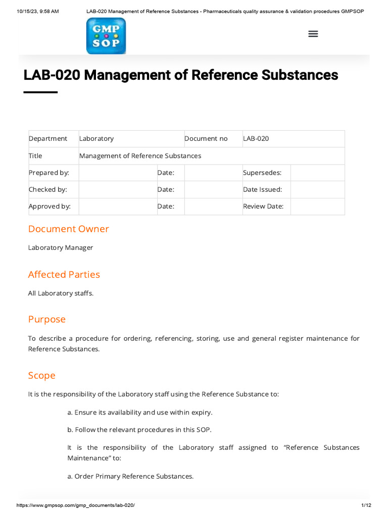 Reference Substance Management SOP | PDF | Chemical Substances ...