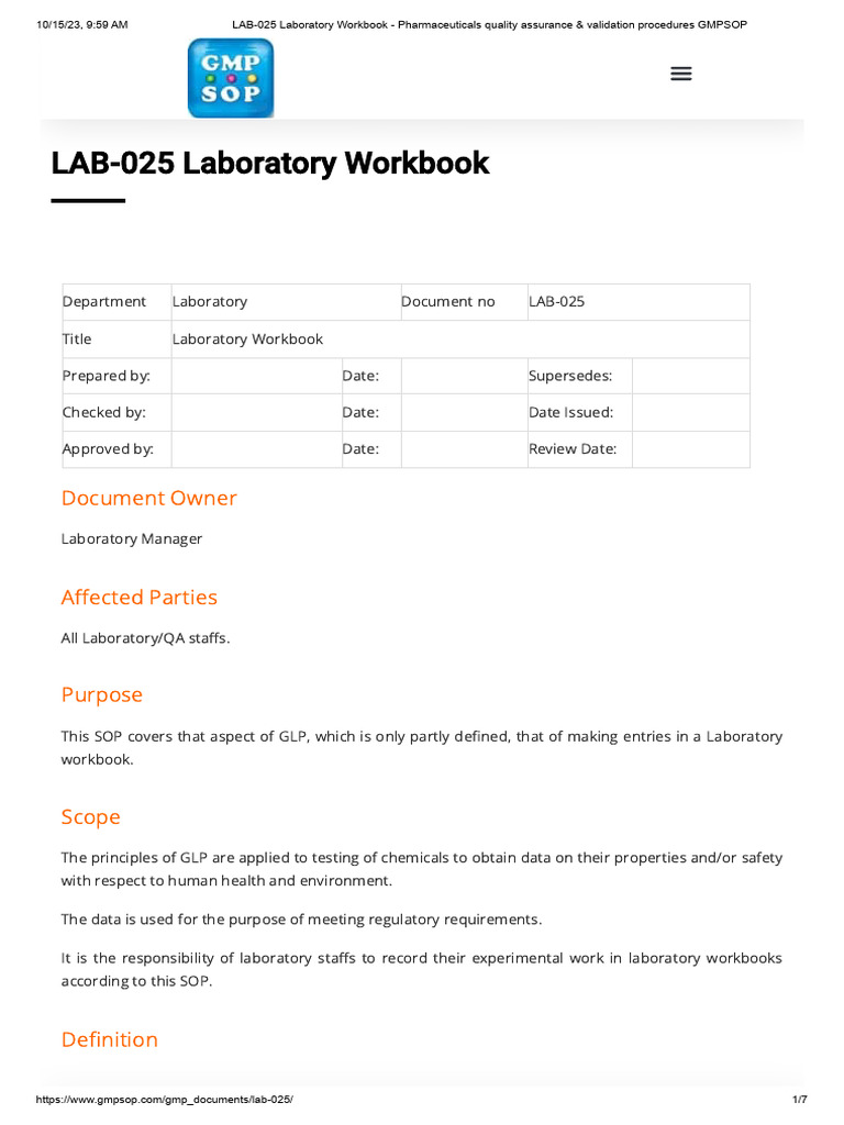 Laboratory Workbook for GLP Compliance | PDF | Laboratories