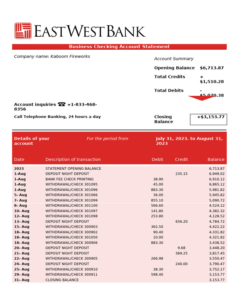 East West Bank Business Statement | PDF | Banks | Debits And Credits