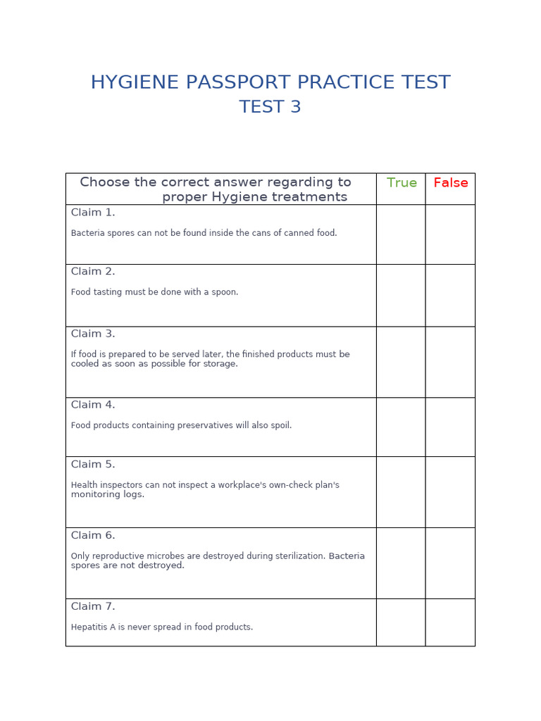 Test 3 Hygiene Passport Practice Test 1 | PDF | Hygiene | Sterilization ...