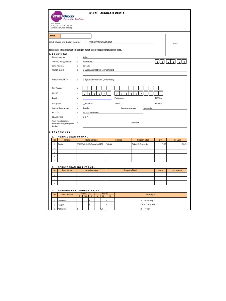 QSR-COR-TMOD-047-0 Form Lamaran Kerja | PDF