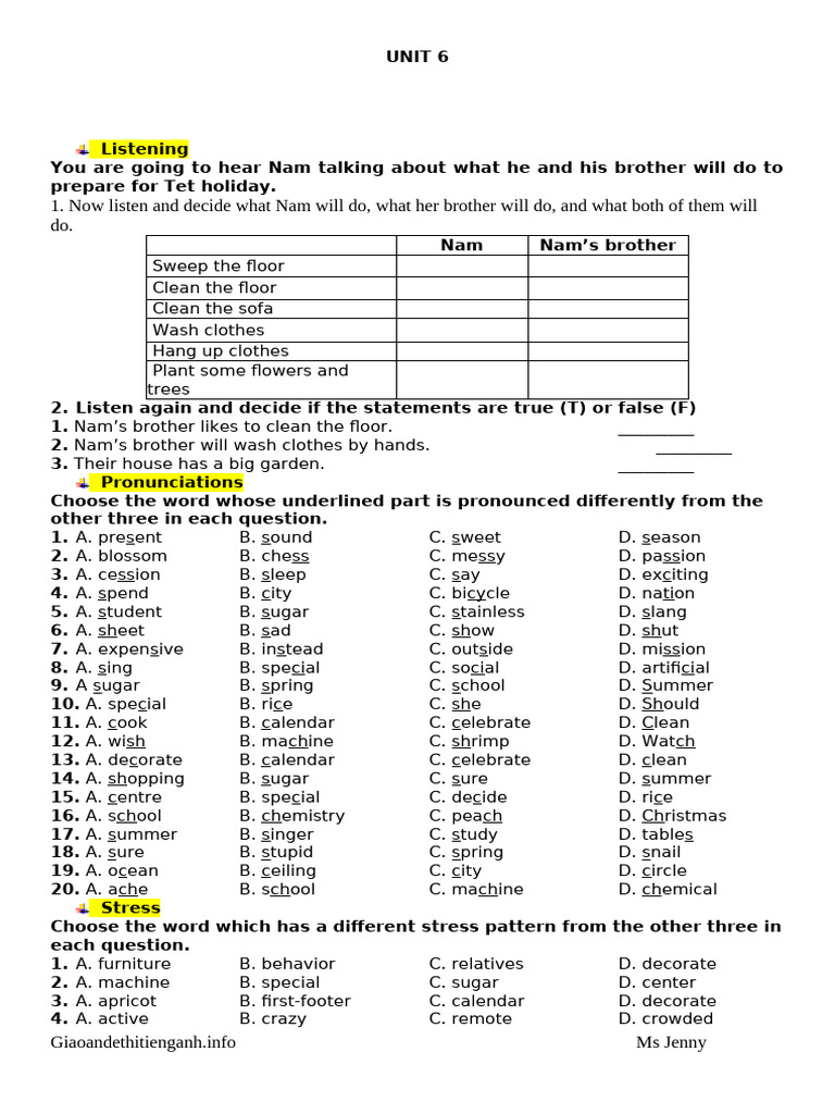 Bài tập chuyên sâu anh 6 Global có key và file nghe UNIT 6 | PDF