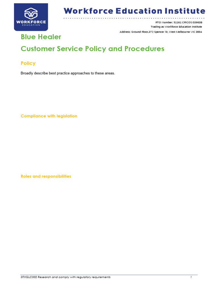 SITXGLC002 Customer Services Policy and Procedures Template | PDF