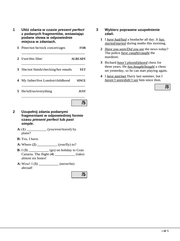 Kartkówka (Czasy PP I PS) Unit 4 | PDF