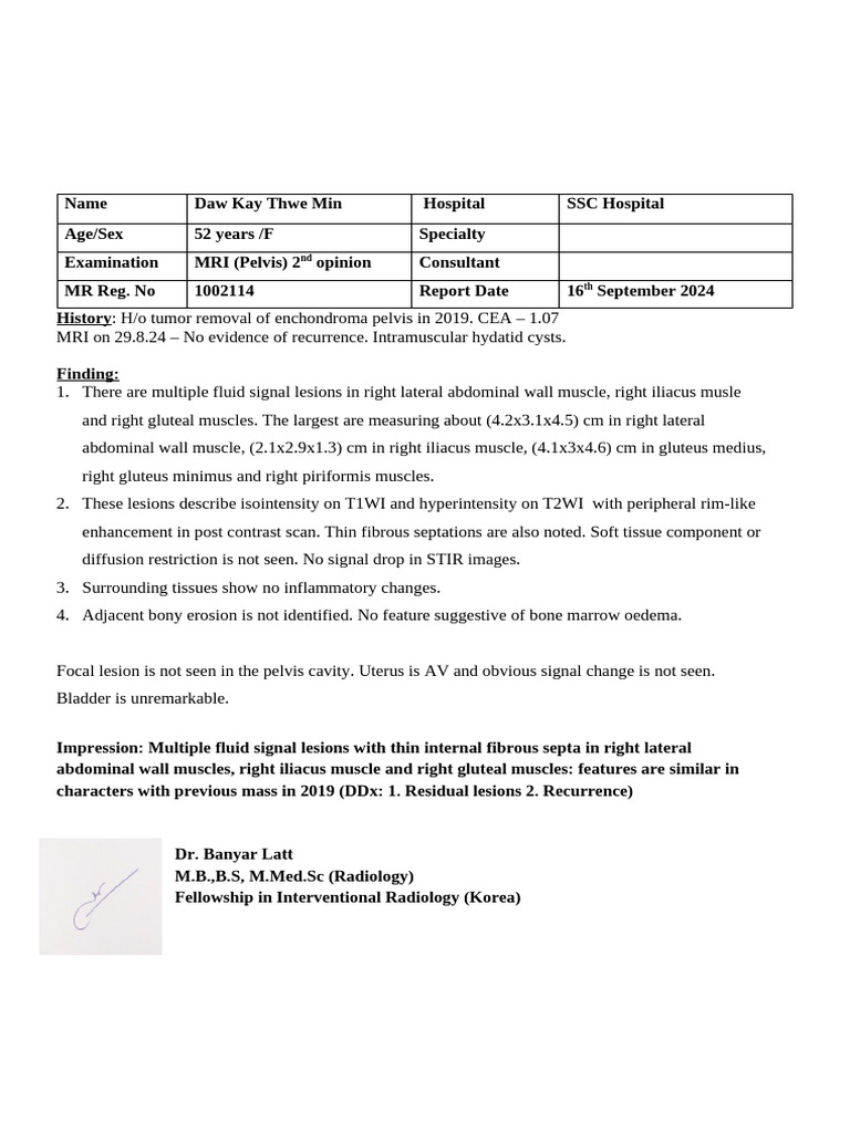 Daw Kay Thwe Min, MRI Pelvis, Asia Royal, 16.9.24 | PDF