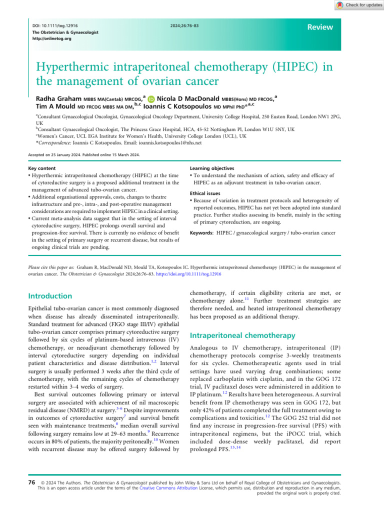 The Obstetric Gynaecologis - 2024 - Graham - Hyperthermic Intraperitoneal Chemotherapy HIPEC in ...