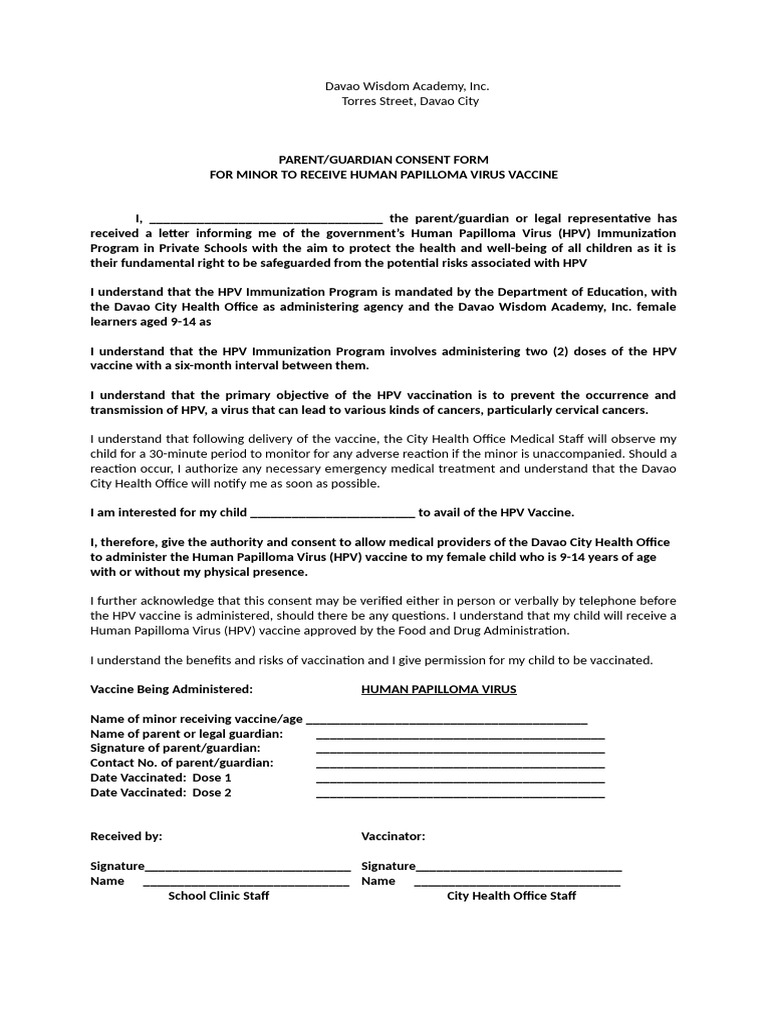 VACCINATION CONSENT FORM_HPV | PDF | Vaccines | Informed Consent