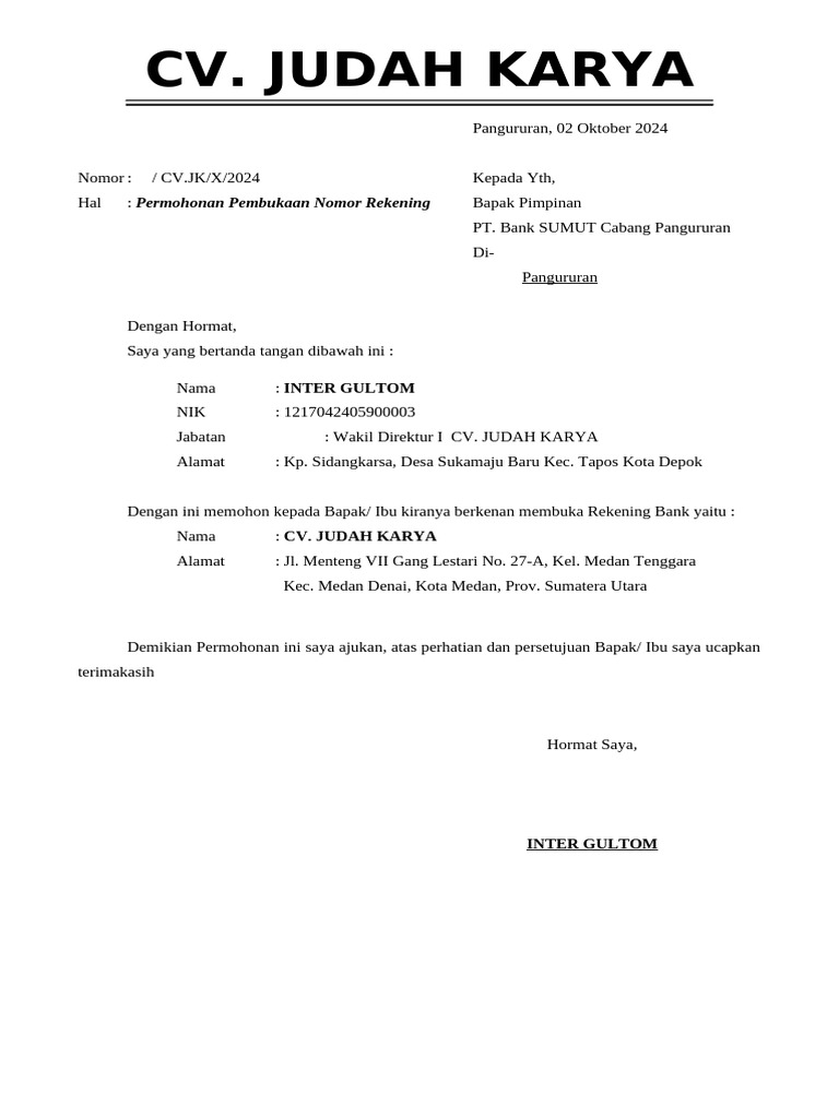 Pembukaan Rekening Bank Sumut CV Judah Karya | PDF