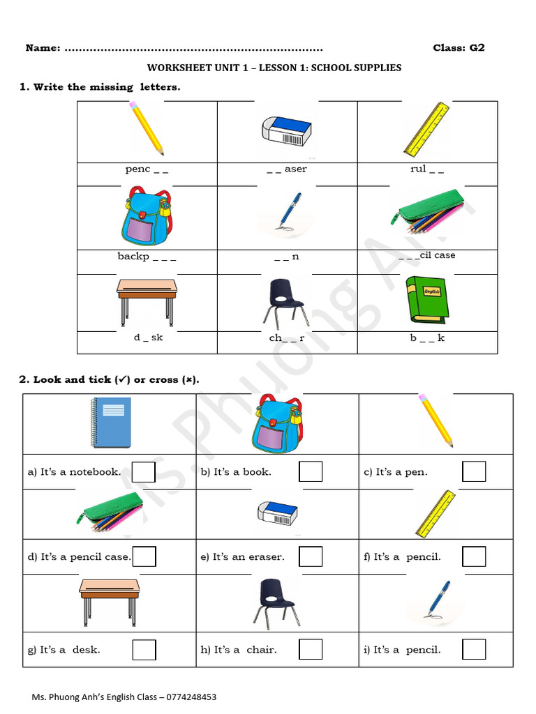 G2 English: School Supplies Worksheet | PDF