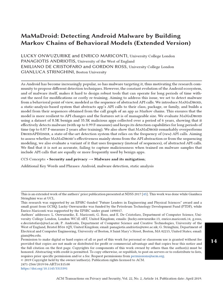 Mamadroid: Detecting Android Malware by Building Markov Chains of Behavioral Models (Extended ...
