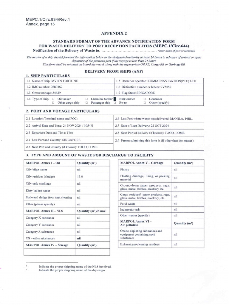 MEPC Waste Declaration Form | PDF