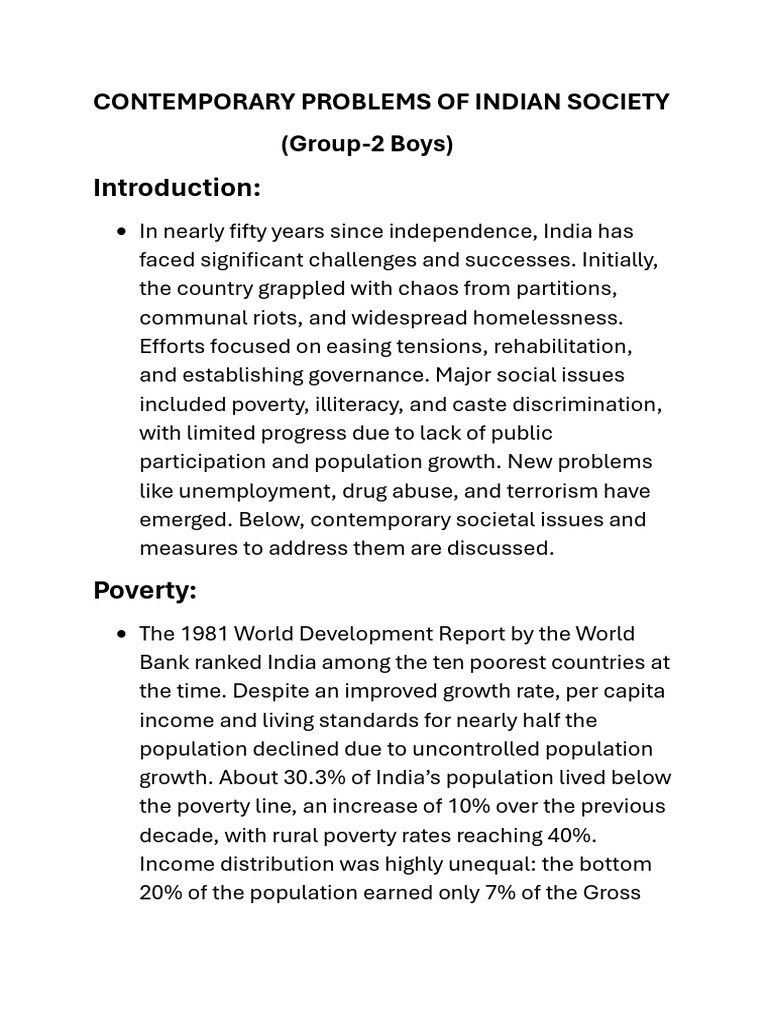 Contemporary Problems of Indian Society KP | PDF | Literacy | Poverty