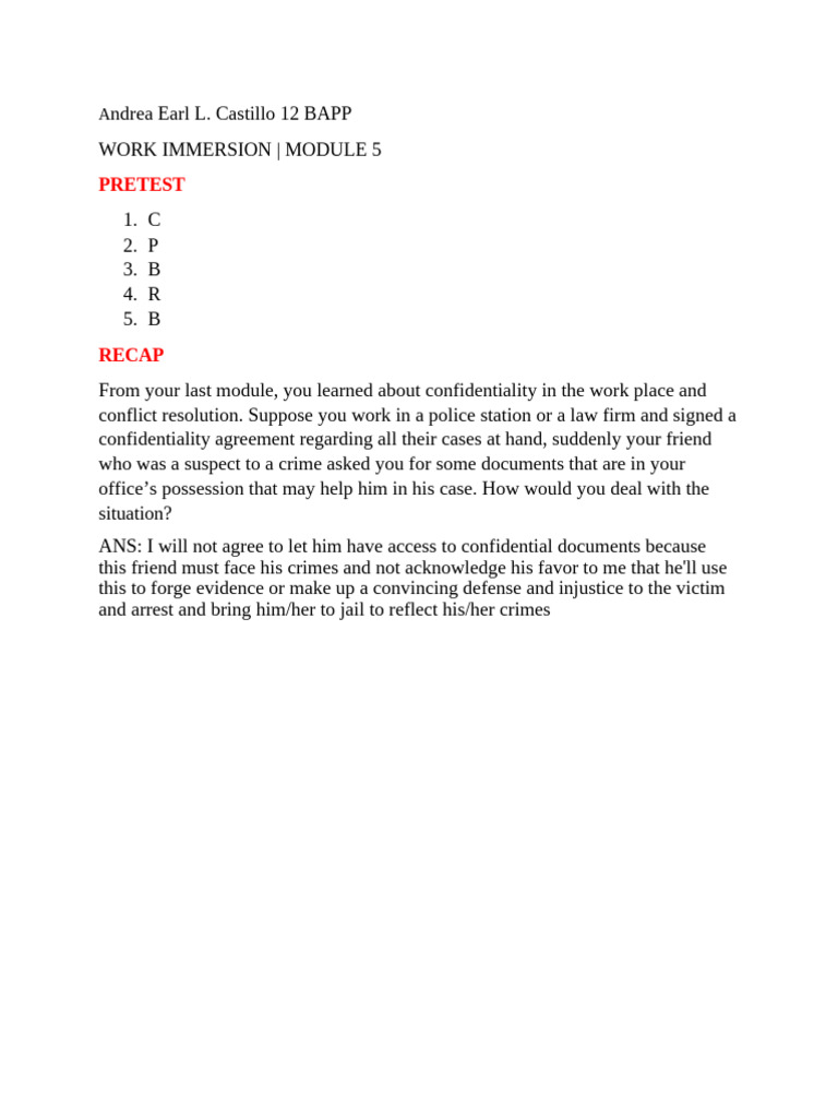 Work Immersion Module 5 | PDF | Résumé | Credential