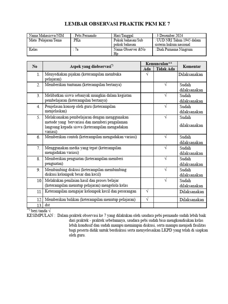 Lembar Observasi Praktik PKM Ke 7 | PDF