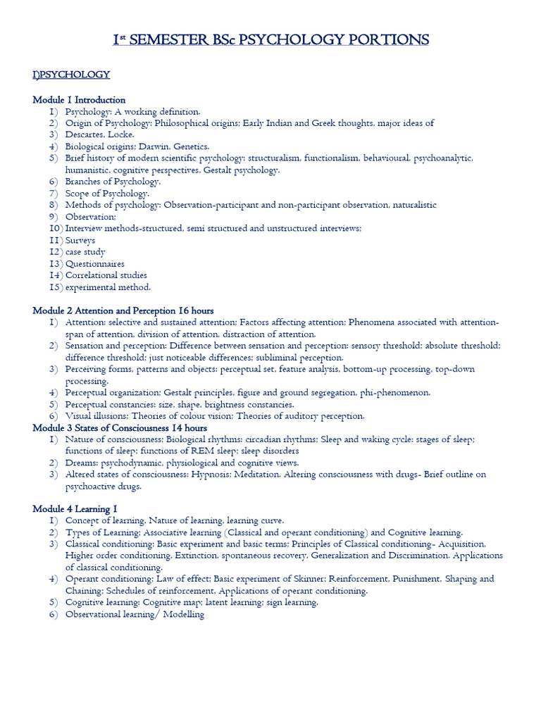 1st SEMESTER BSC PSYCHOLOGY PORTIONS | PDF | Perception | Psychology