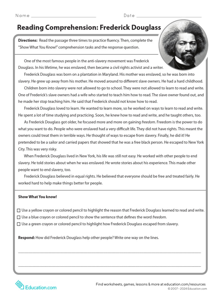Reading Comprehension Frederick Douglass | PDF | Frederick Douglass ...