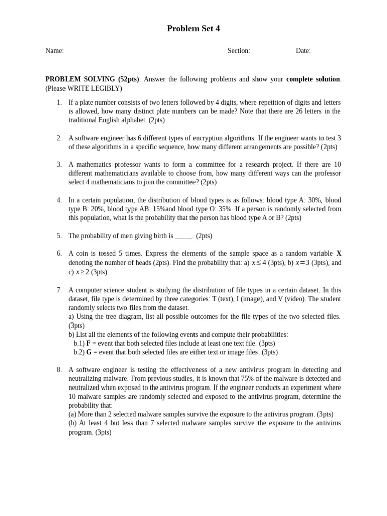 Probability and Problem Solving Exercises | PDF | Sampling (Statistics ...
