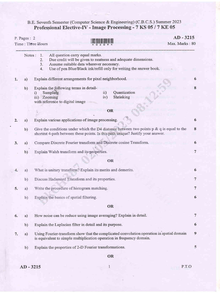 Professional Elective-IV-Image Processing s2023 | PDF | Fourier Transform | Applied Mathematics