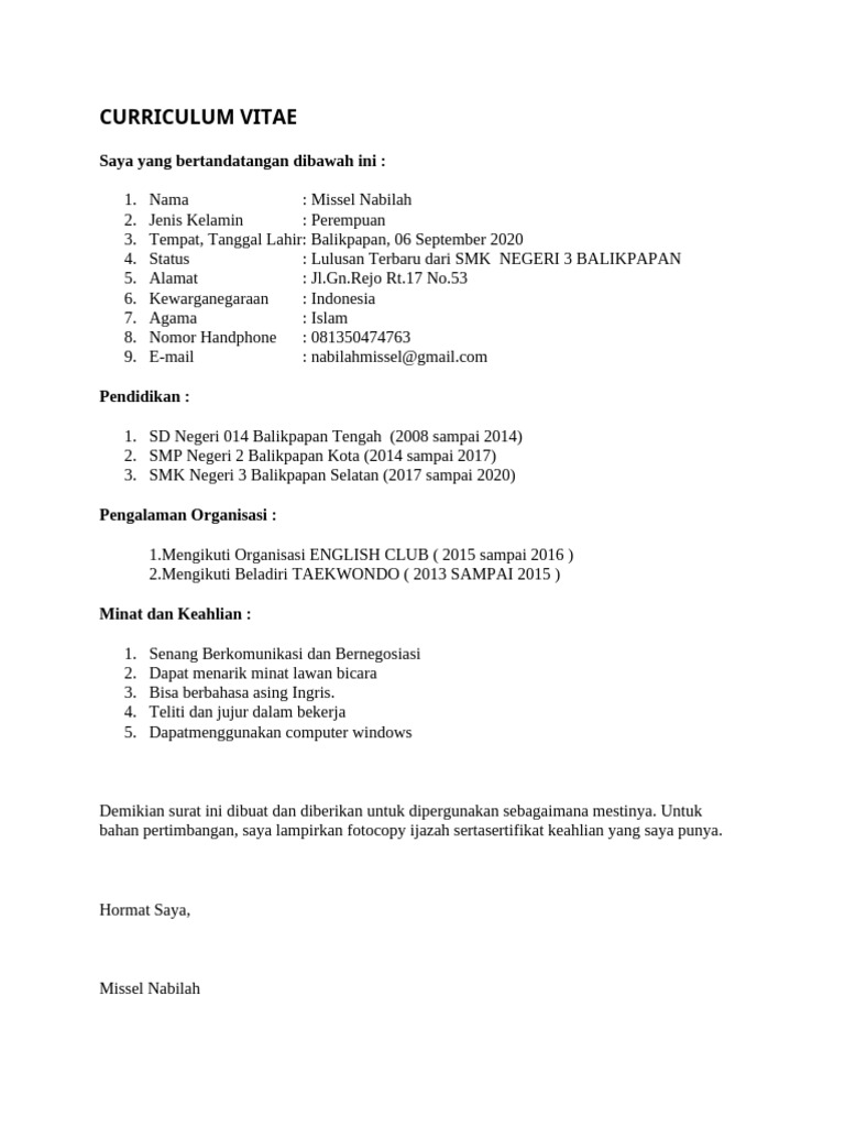 Curriculum Vitae Missel Nabilah | PDF