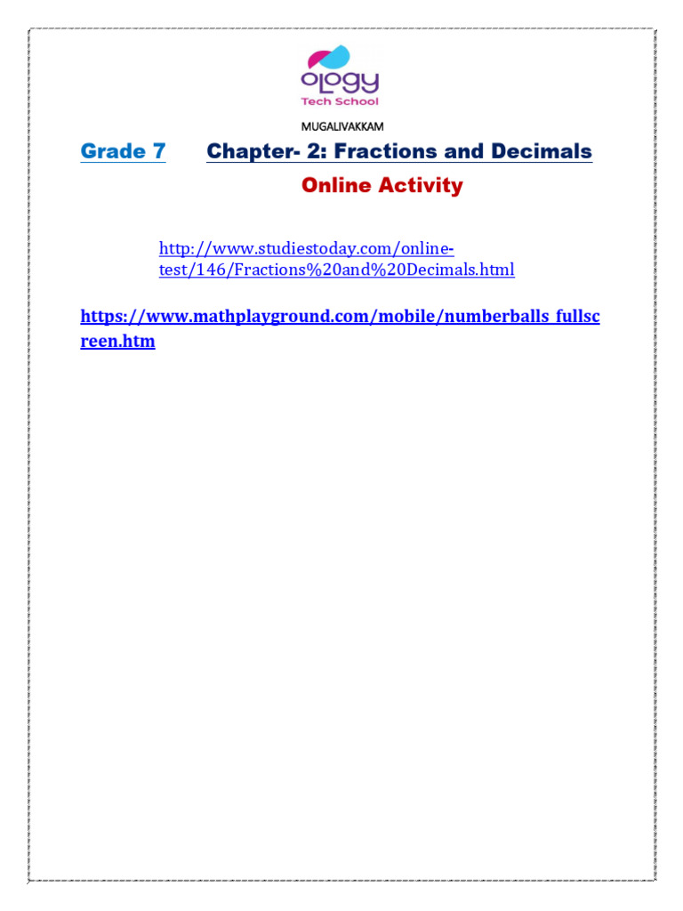 Class 7 - Chapter 2 - Fractions and Decimals - Online Activity | PDF