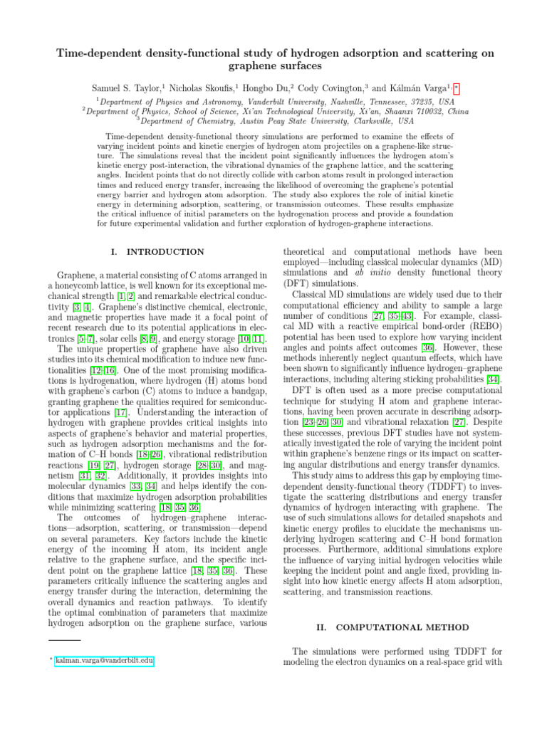 Time-Dependent Density-Functional Study of Hydrogen Adsorption and Scattering On Graphene ...