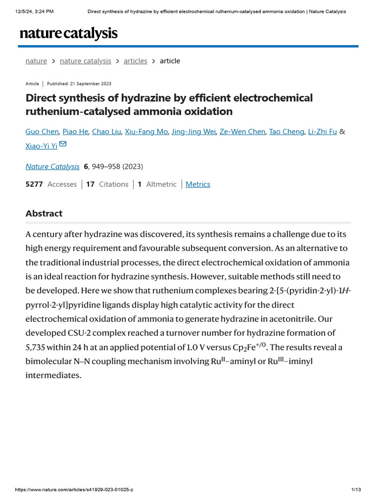Direct synthesis of hydrazine by efficient electrochemical ruthenium ...