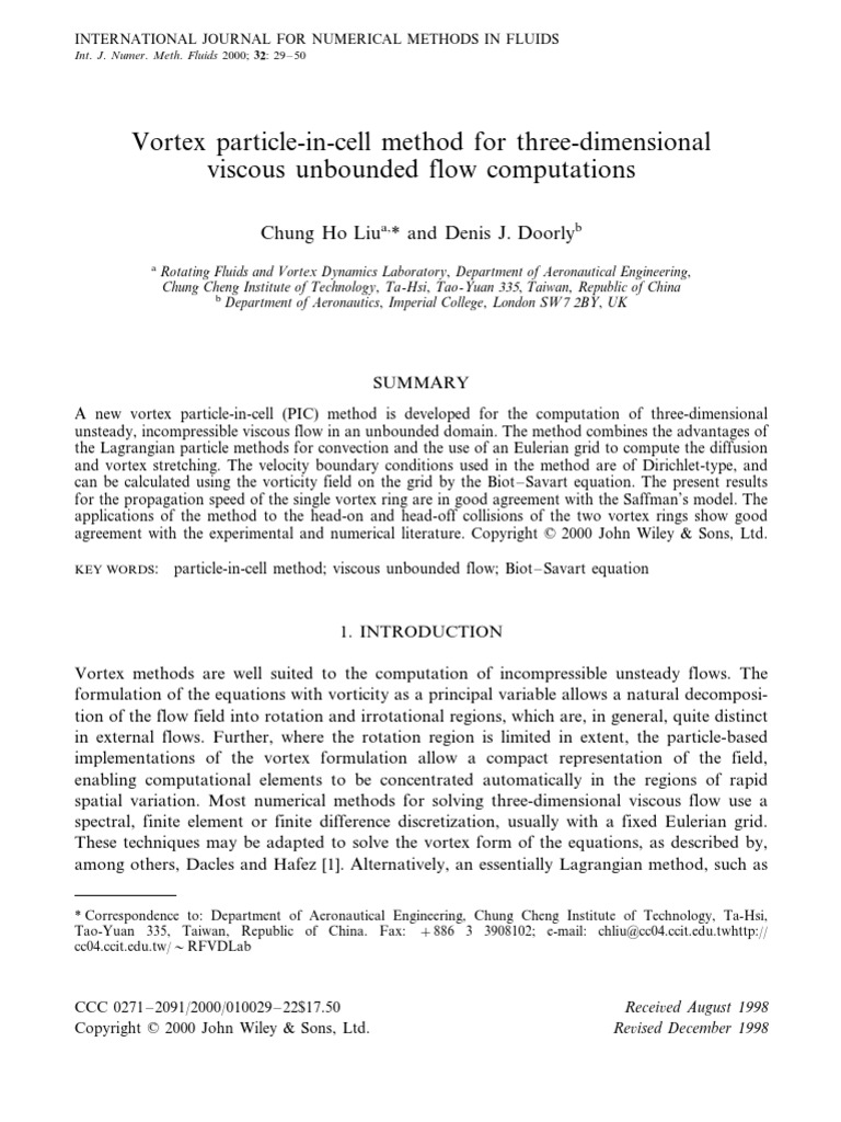 Chung Ho Liu And Denis J Doorly Vortex Particle In Cell Method For Three Dimensional Viscous