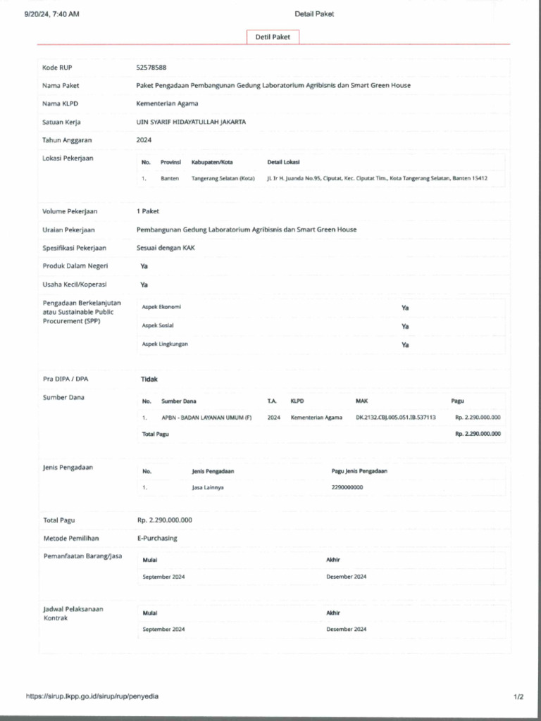 Detail Paket RUP Pembangunan Lab Agribisnis Di PPG UIN Jakarta | PDF