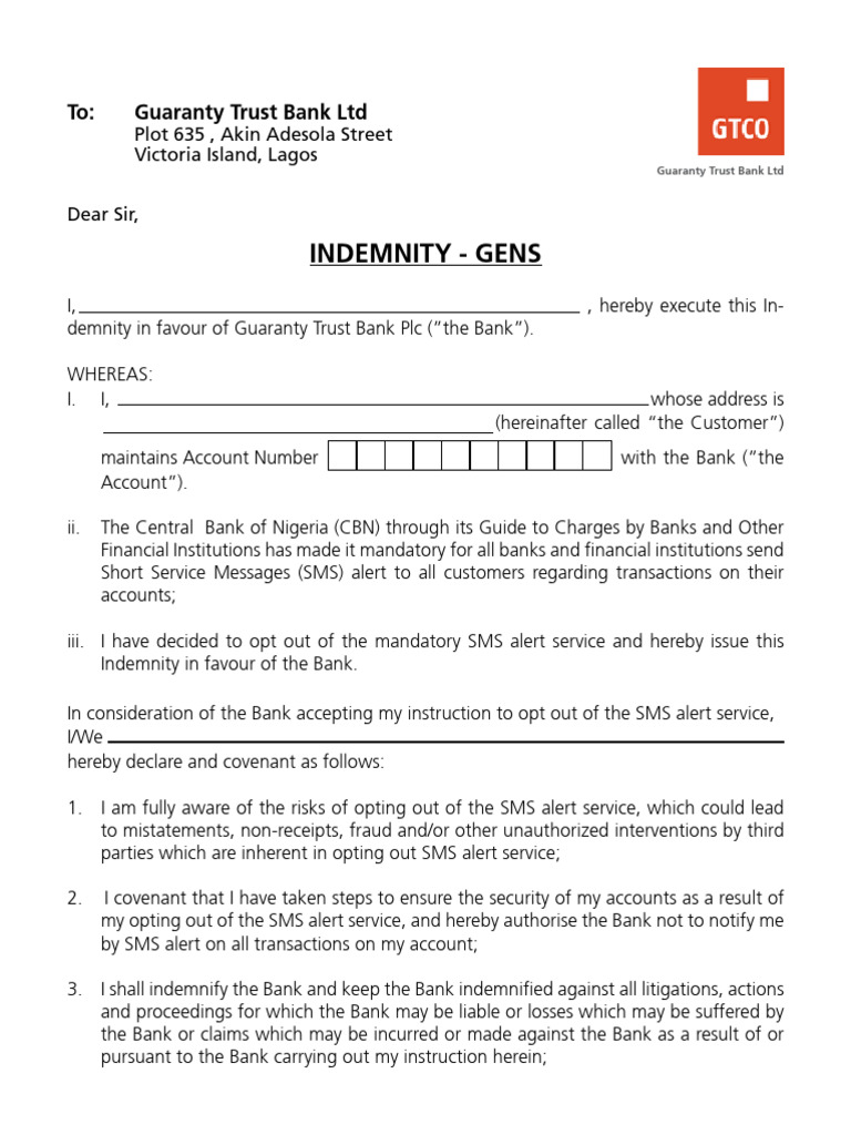 GeNS Indemnity Form | PDF | Indemnity | Banks