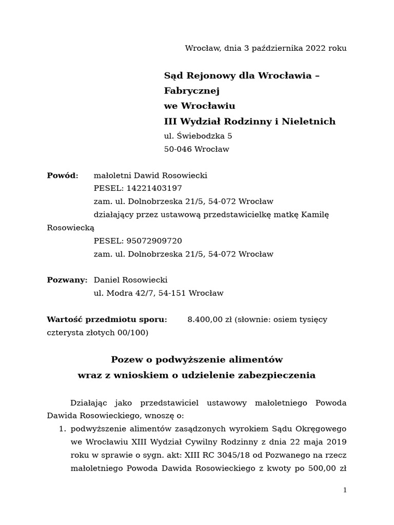 Pozew o Podwyższenie Alimentów Kamila 2 | PDF