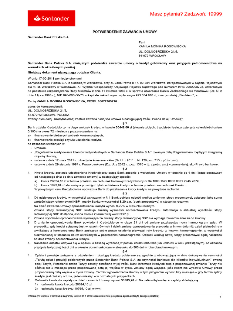 Potwierdzenie zawarcia umowy - kredyt gotówkowy BBC (1) | PDF