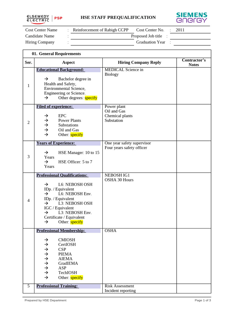 HSE Staff Prequalification Requirements | PDF | Occupational Safety And ...