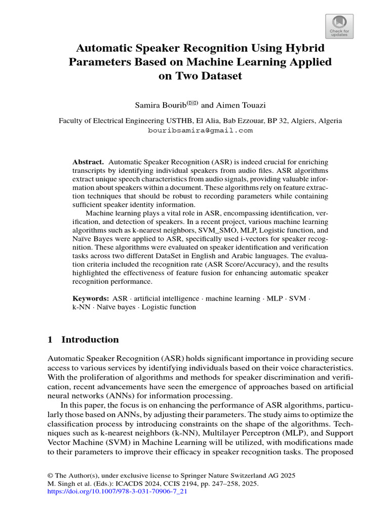 Automatic Speaker Recognition Using Hybrid Parameters Based On Machine Learning Applied On Two