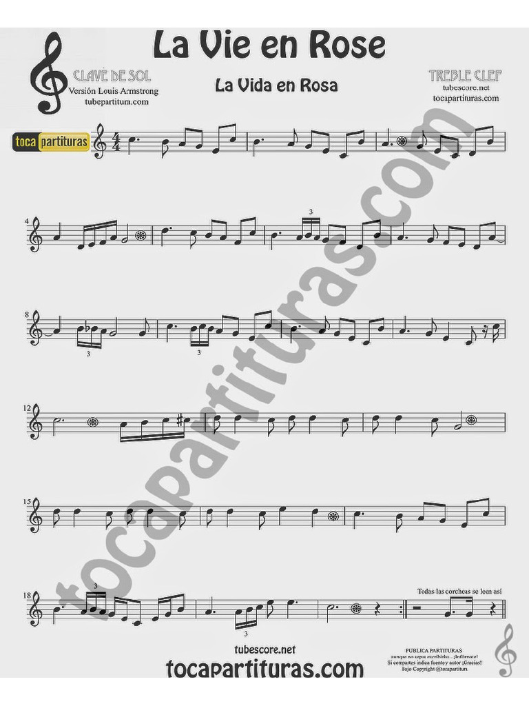 La Vie en Rose PARTITURA Fácil en Clave de Sol para Violín Flauta Oboe Saxofón Tenor Trompeta ...