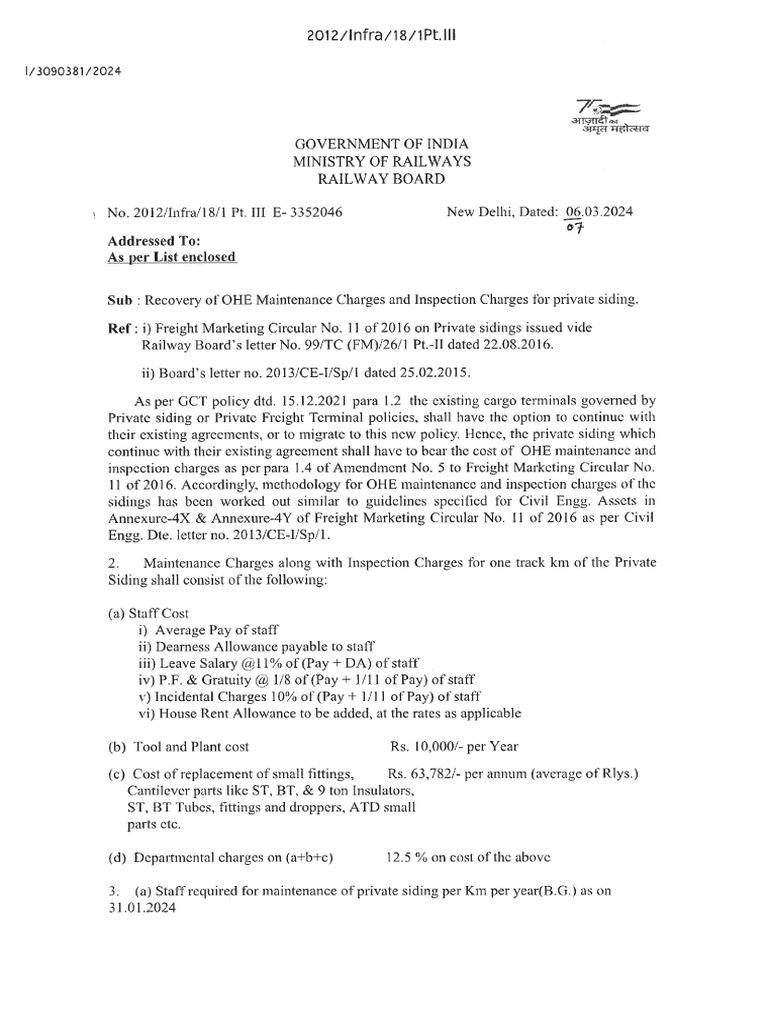 RB Policy Letter DTD - 07 - 03 - 2024 Reg Recovery of OHE Maintenance ...