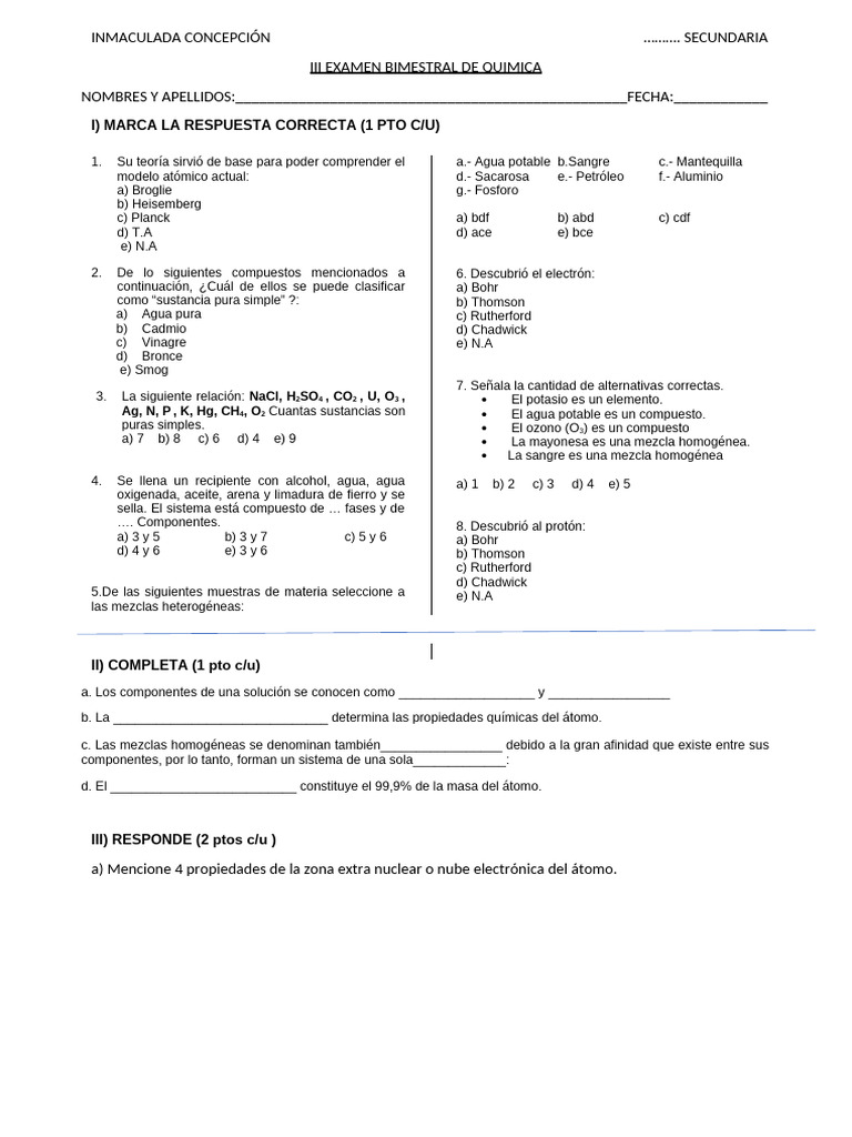 3examen Bimestral Quimica 3 Secu | PDF | Átomos | Mezcla