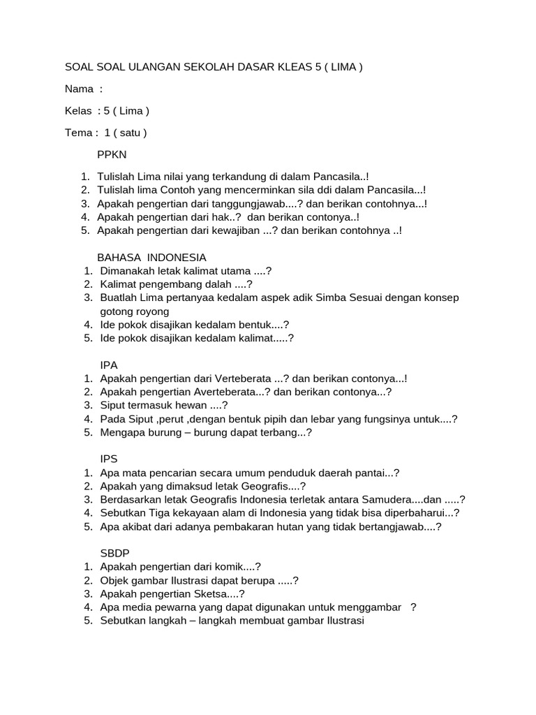SOAL ULANGAN TEMA 1 SD NEGERI 6 | PDF