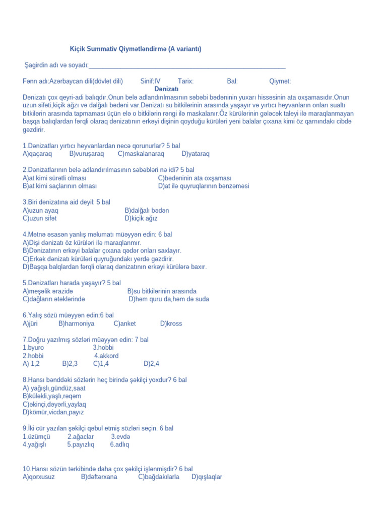 KSQ 4CU SINIF A Varianti 2 | PDF