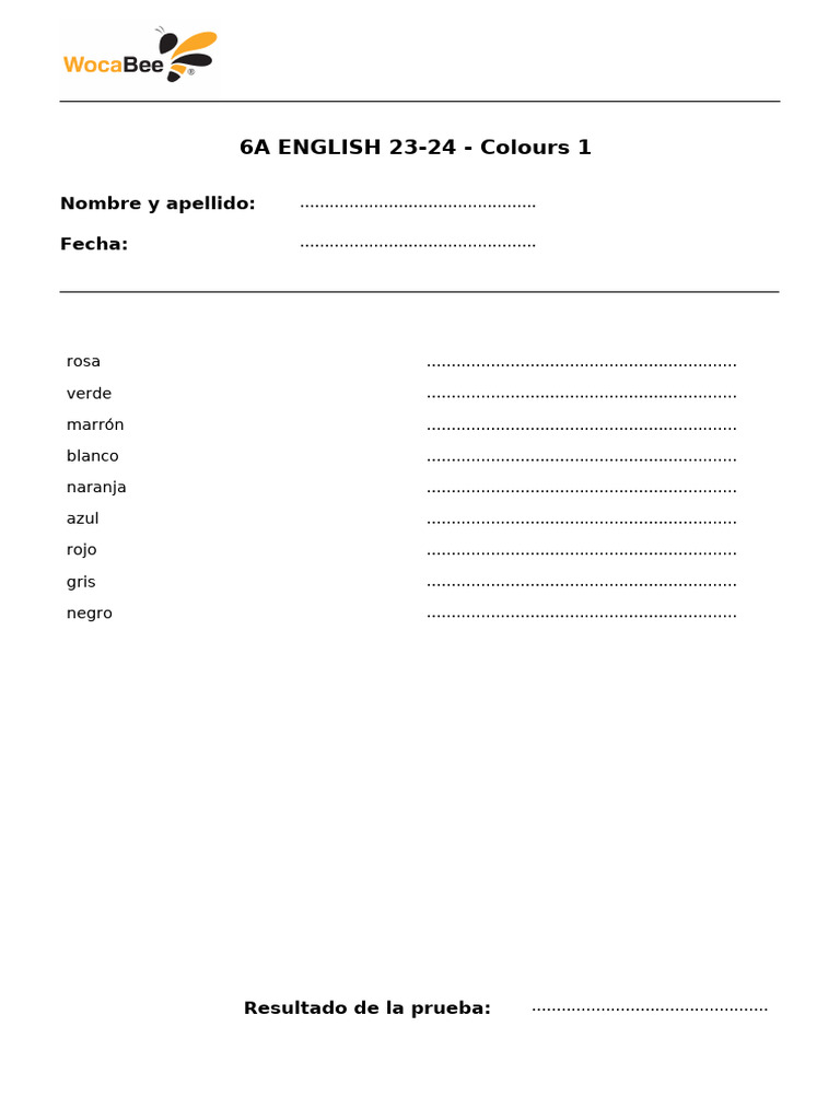 Colores en Inglés: Prueba 6A 23-24 | PDF