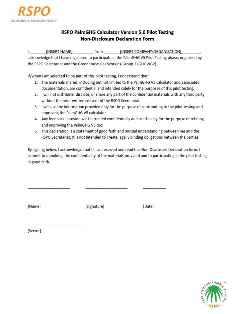 RSPO PalmGHG Calculator Version 5.0 Pilot Testing Non-Disclosure ...