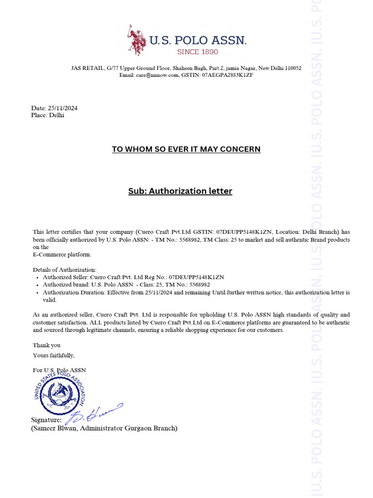 [Date] Authorization for “YOUTHISM GSTIN to Market and Sell Aditya ...