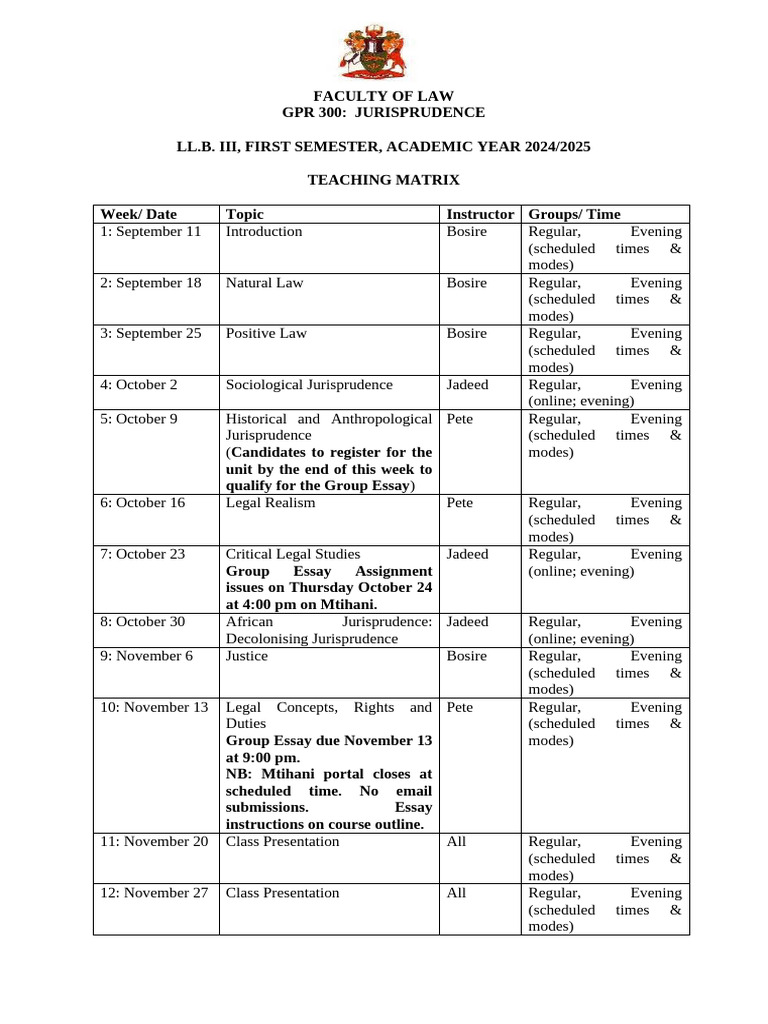 Jurisprudence Course Schedule 2024/25 | PDF | Jurisprudence | Legal Ethics