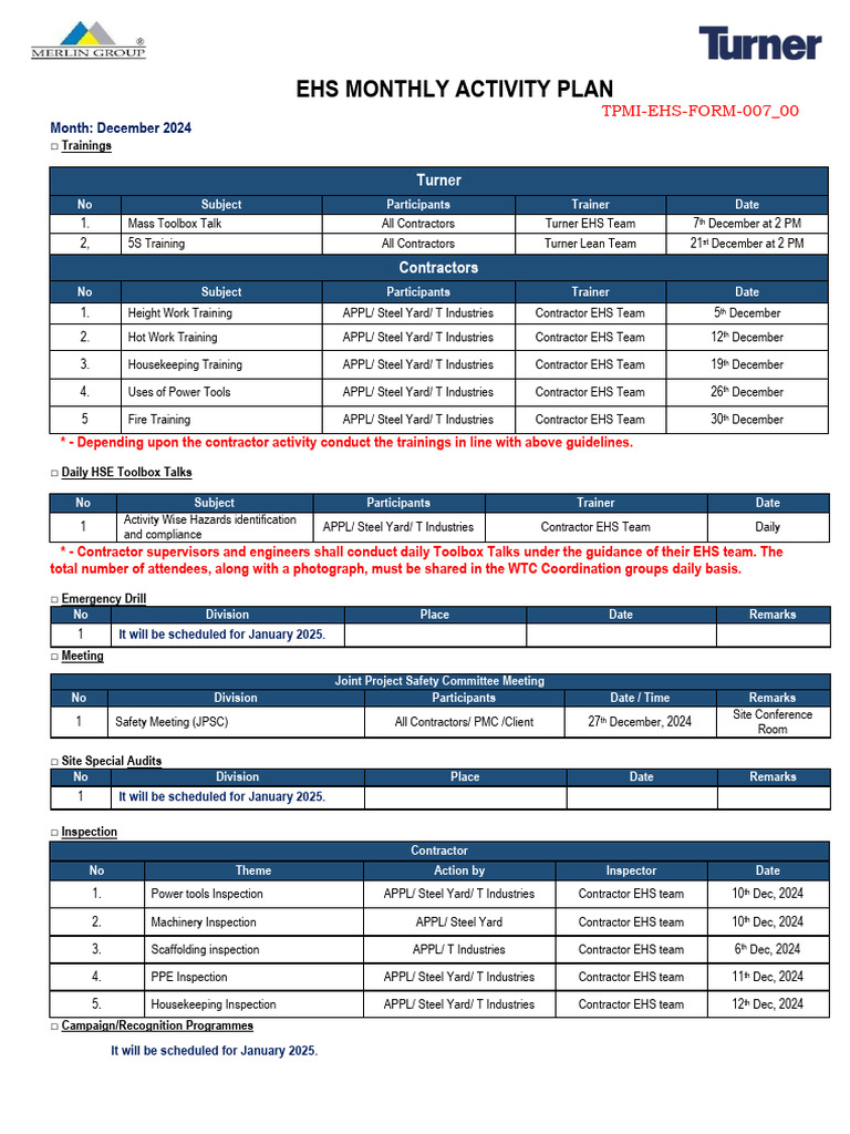 TPMI-EHS-FORM-007 - 01 - DEC 2024 EHS - Monthly - Activity - Plan | PDF ...