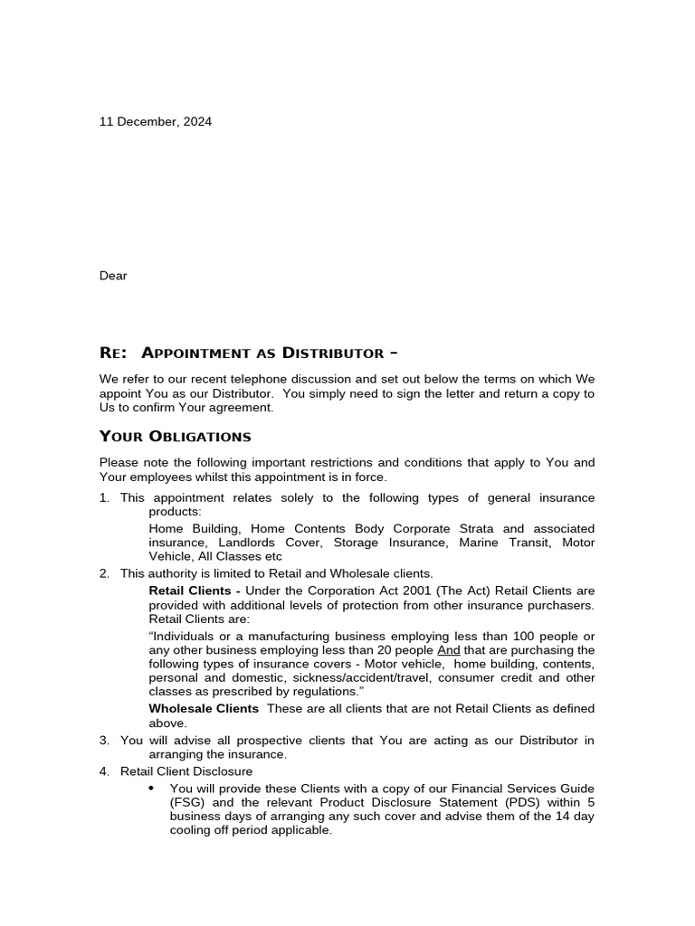 Distributor Letter of Appointment Template | PDF | Insurance | Invoice