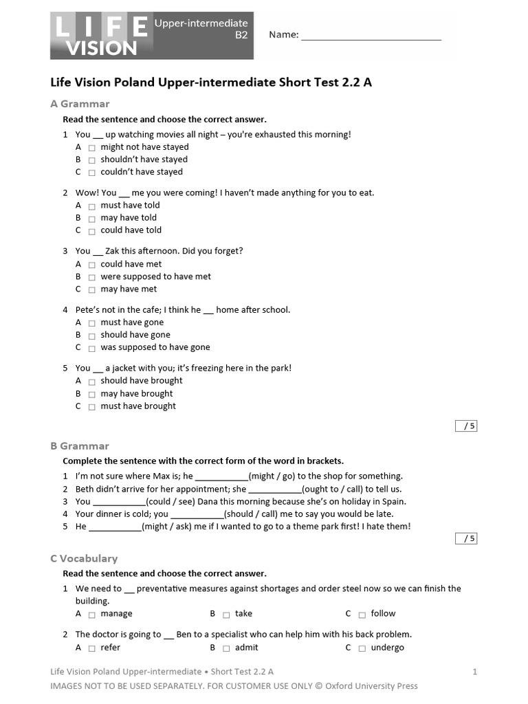 Life Vision Upper-Intermediate Unit 2 Test | PDF