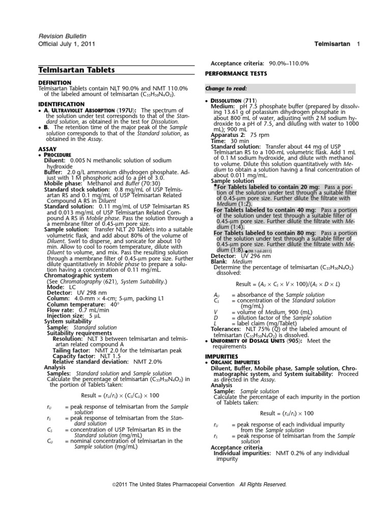 Monograph Telmisartan Tablets | PDF | Chromatography | Buffer Solution