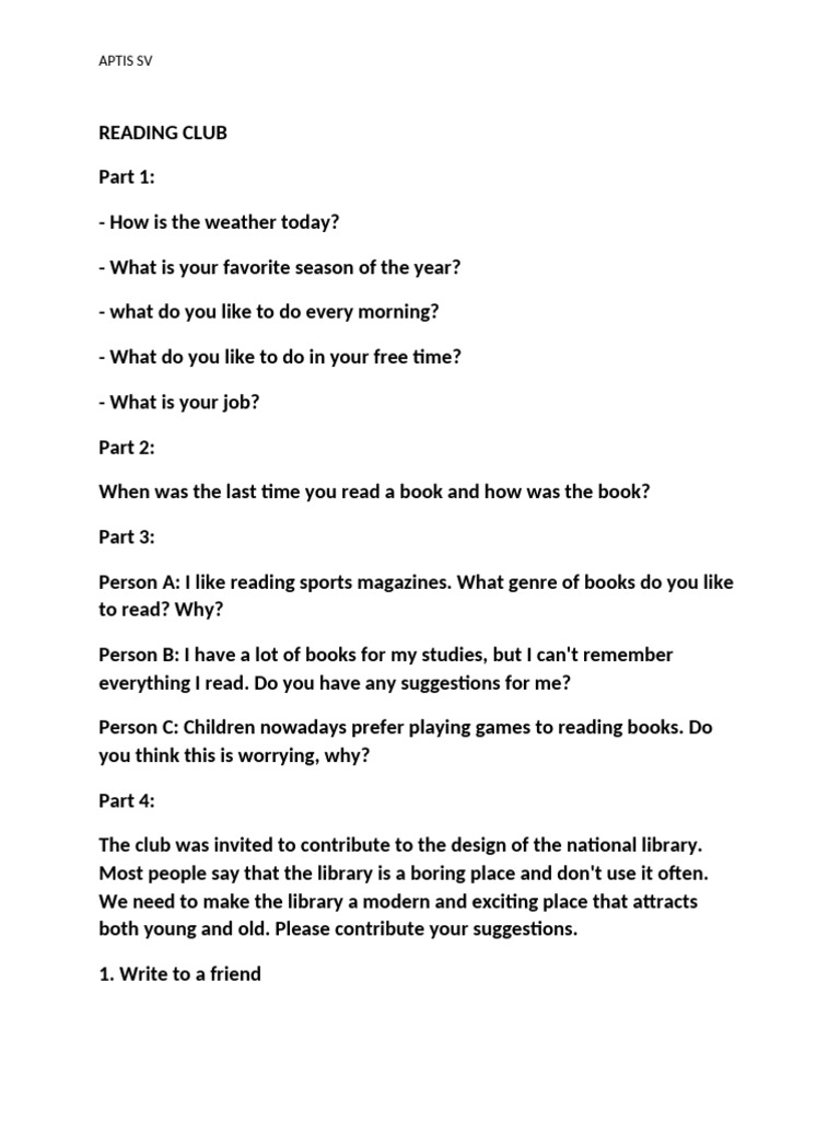 APTIS SV Reading Club Activities Guide | PDF