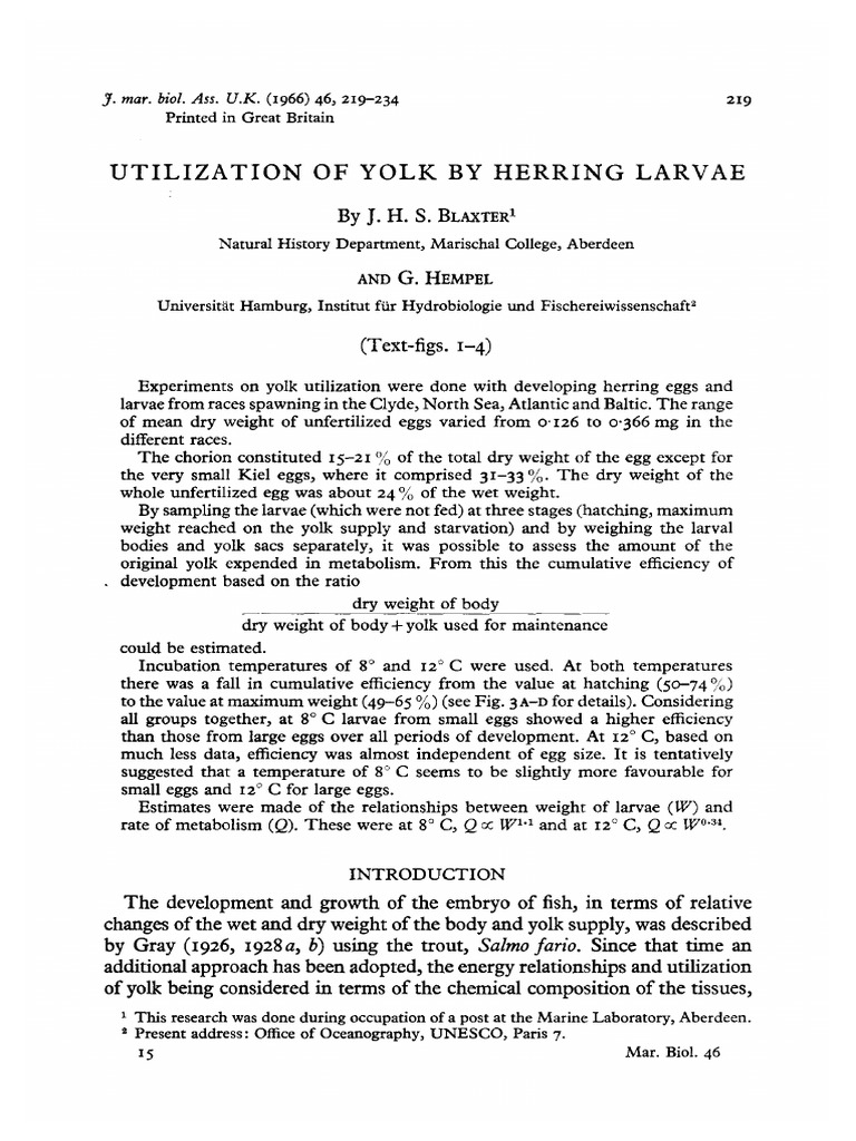 Blaxter and Hempel, 1966 | PDF | Egg | Yolk