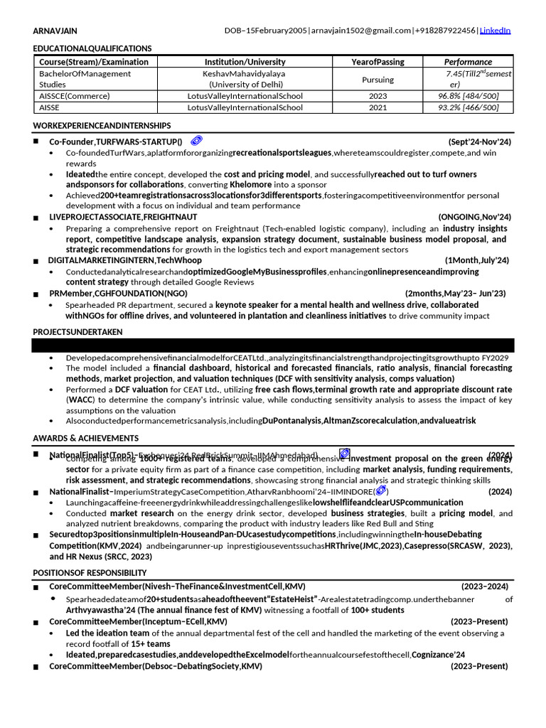 Arnav_Jain_-_Resume[1] | PDF | Valuation (Finance) | Discounted Cash Flow